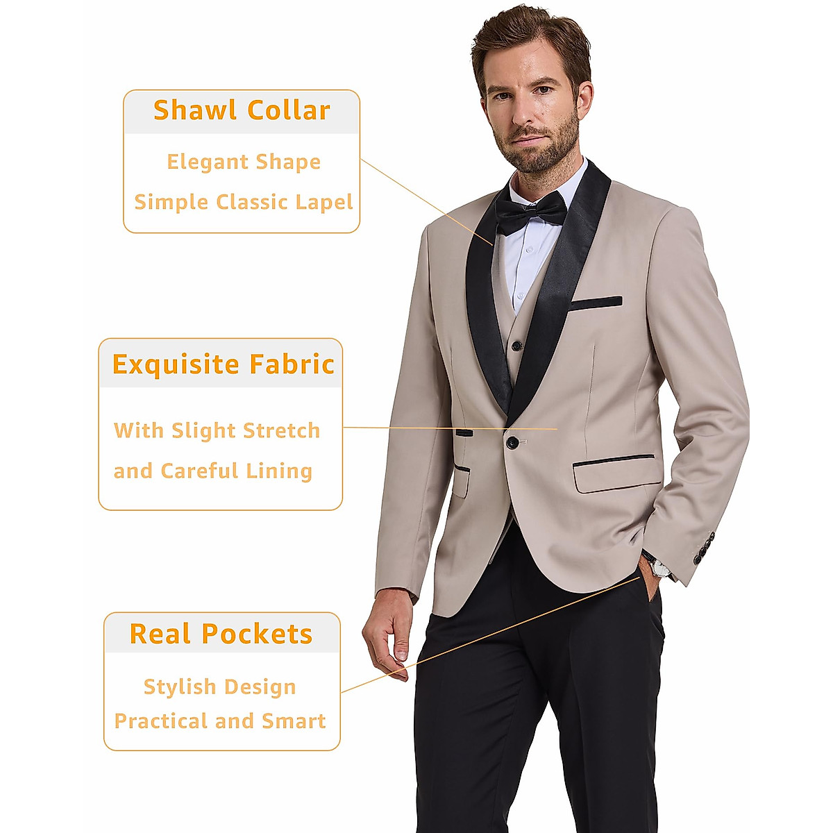 MrSure Men's 3 Piece Slim Fit Suit, One Button Shawl Lapel Tuxedo, Premium Dinner Jacket Vest Pants & Tie Set Royal Blue