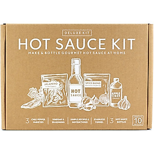 Unique Gift for Men, Deluxe Hot Sauce Making Kit, 3 Varieties of Chili Peppers, Gourmet Spice Blend, 3 Bottles, 16 Fun Labels, Make your own sauce, Nice Gift For Dad, Brother, Uncle, Guys. (Deluxe Kit)