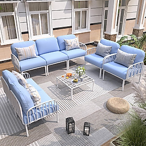 UDPATIO Resin Oversized Patio Furniture Set, Modular DIY Outdoor Sectional Sofa Set, All Weather UV Patio Conversation Set with 5.4'' Thick Cushion for Backyard, Deck, 8pcs Blue White