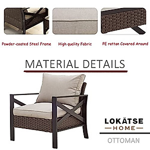 LOKATSE HOME Outdoor Single Wicker Sofa Armchair, Patio Bistro Rattan Chair with Side X Shaped Steel Frame Leg, Thick Cushion, Brown