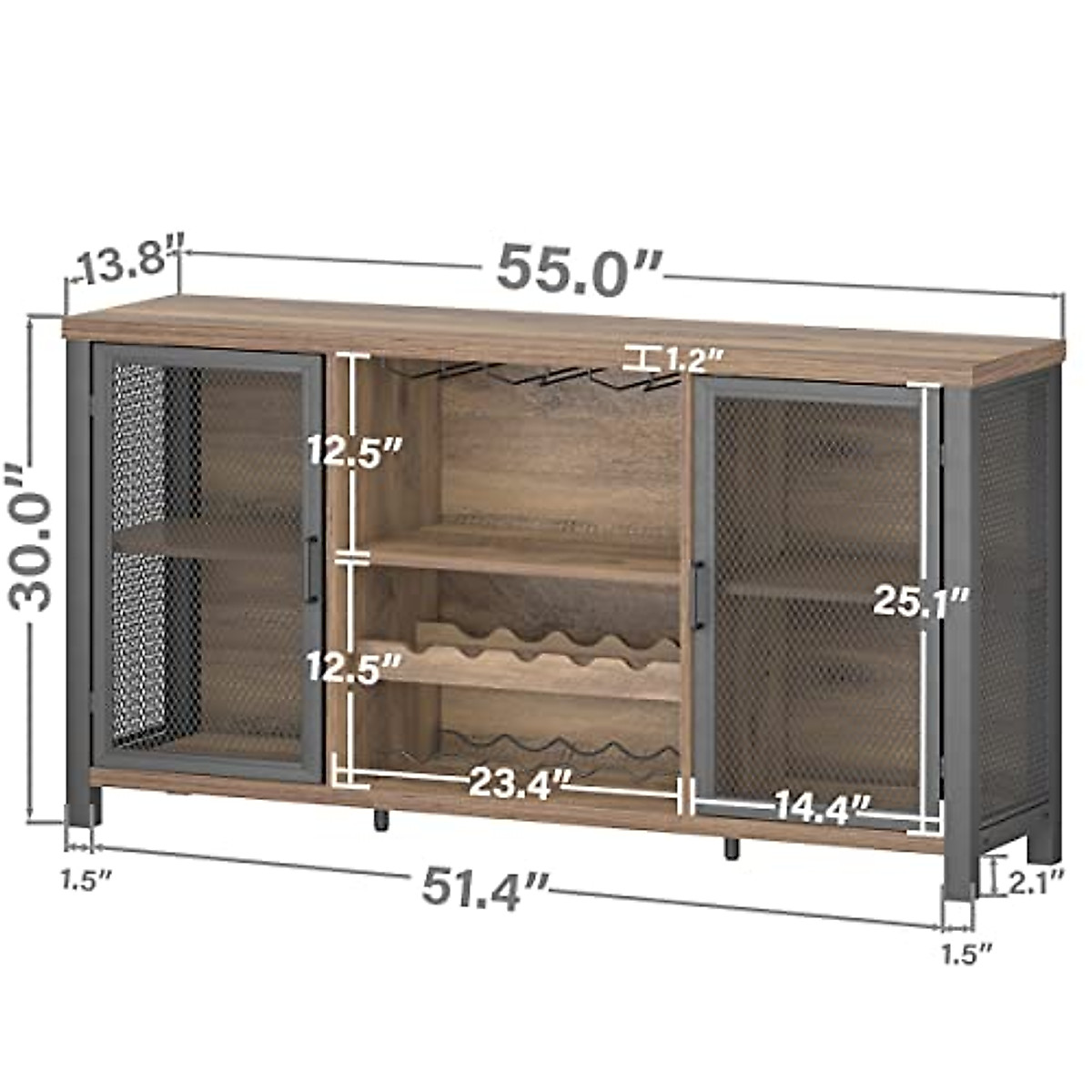 Launica Wine Bar Cabinet, Industrial Coffee Bar Cabinet Farmhouse for Liquor and Glasses, Sideboard Buffet Cabinet with Storage Rack for Home Kitchen Dining Room, Rustic Oak, 55 In