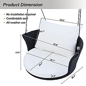 33.8'' Outdoor PE Rattan Swing Chair Hammock Chair, Single Person Hanging Seat Rattan Woven Swing Chair, Porch Swing with Adjustable Ropes and Cushion (Black White-1)