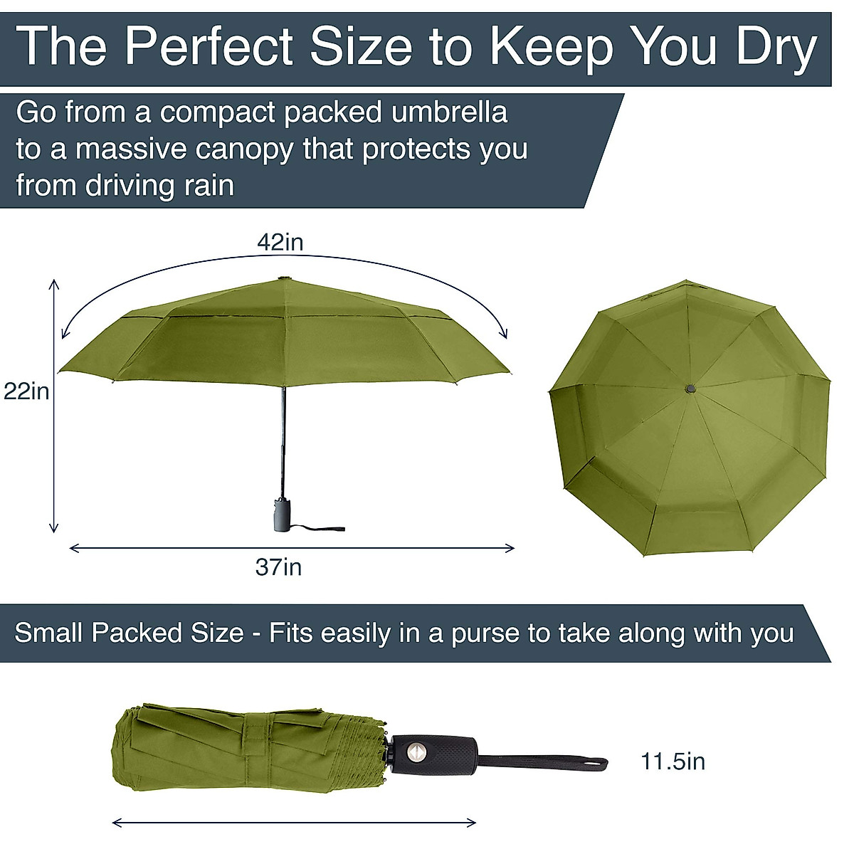 RainPlus Windproof Travel Umbrella - Compact, Automatic, Folding and Portable - Umbrellas For Rain for Men and Women - Car, Backpack, Purse, Strong & Wind Resistant (Green)