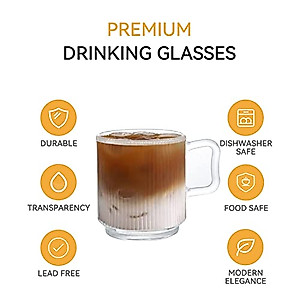 [6 PACK, 12 OZ]DESIGN•MASTER Premium Vertical Stripes Glass Coffee Mugs with Spoons, Transparent Tea Glasses for Hot/Cold Beverages, Perfect Design for Americano, Cappuccino, Latte and Beverage.