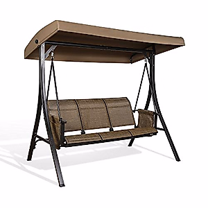 Patio 3-Seat Textilene Porch Swing, Outdoor Swing Glider with Stand and Adjustable Polyester Canopy (Brown)