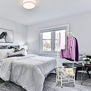 Rolling Laundry Hamper Basket Cart with Wire Storage Rack and Hanging Rack White