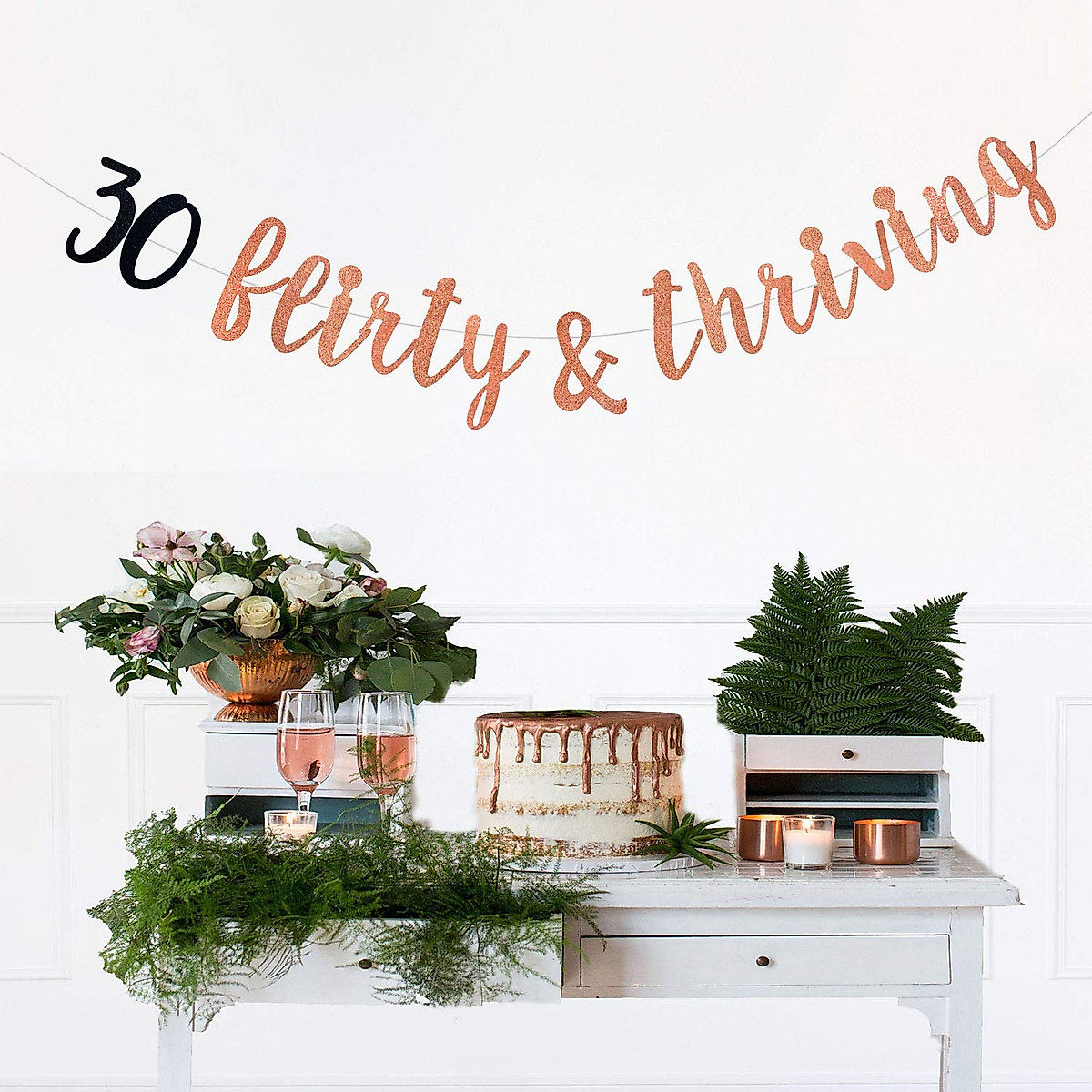 Rose Gold Glitter 30 Flirty & Thriving Banner - Cheers To 30 Years - Happy 30th Birthday Party Decoration Supplies