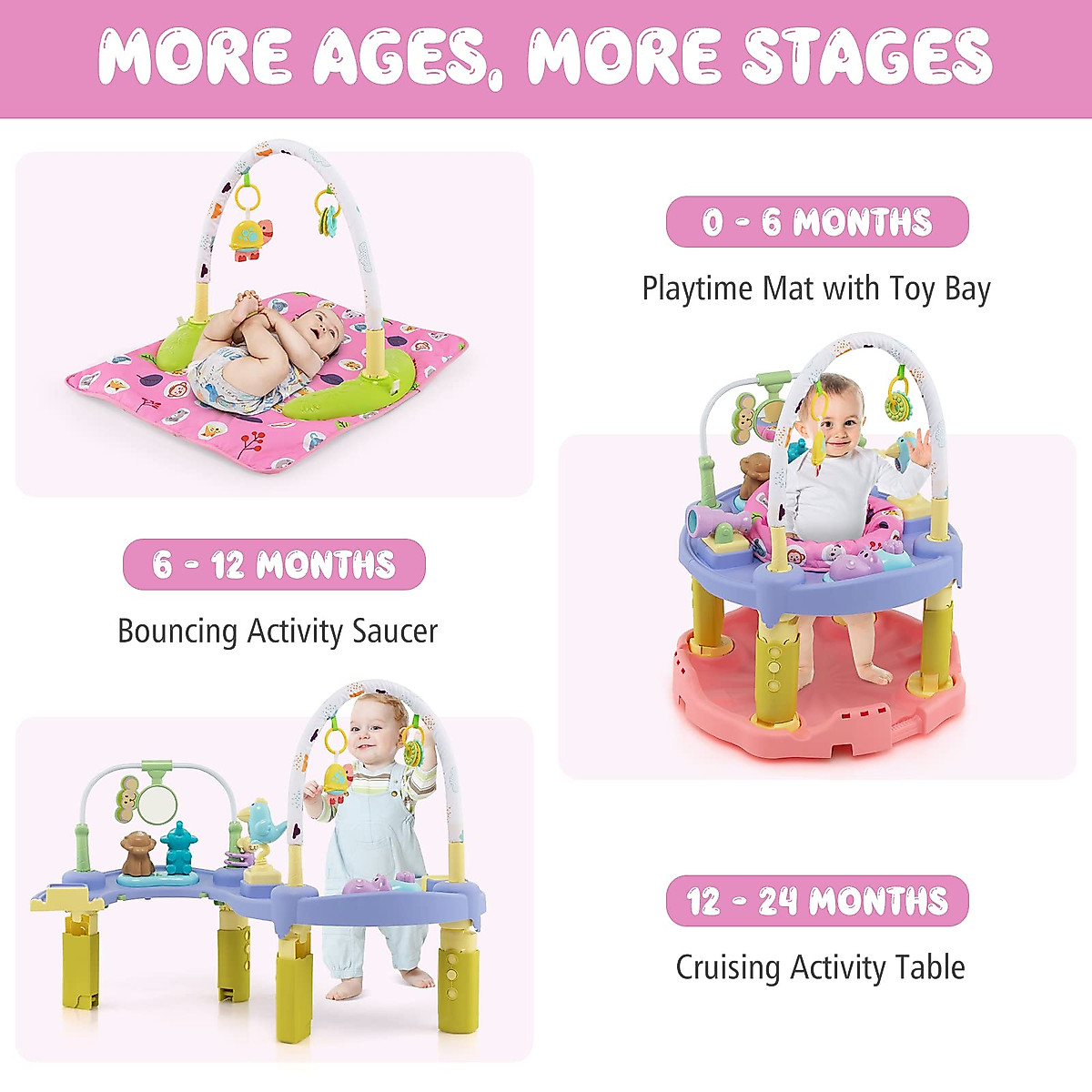 BABY JOY Baby Bouncer Activity Center, 3 in 1 Activity Center & Table | Infant Play Mat, Bouncing Activity Saucer w/Music, 3 Adjustable Height, 360° Seat, Exersaucer for Babies 0-24 Months (Pink)