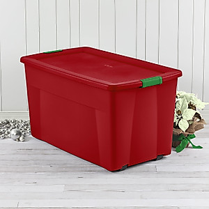 45 Gallon Wheeled Latch Tote Plastic, Red Christmas, Set of 4