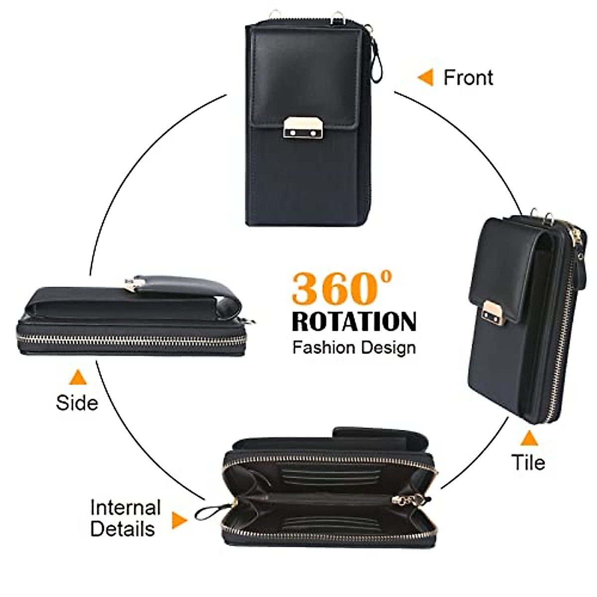 PU Leather Crossbody Bag for Women, Cell Phone Purse Wallet with Card Slots, Cell Phone Shoulder Bag with Shoulder Strap - Black