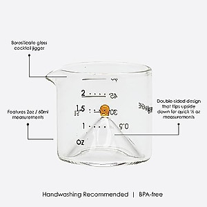 Cocktail Jigger For Bartending - Ethan + Ashe - Lab Series - Durable Borosilicate Glass - 15ml, 30ml, 45ml, and 60ml Measuring Cup In One