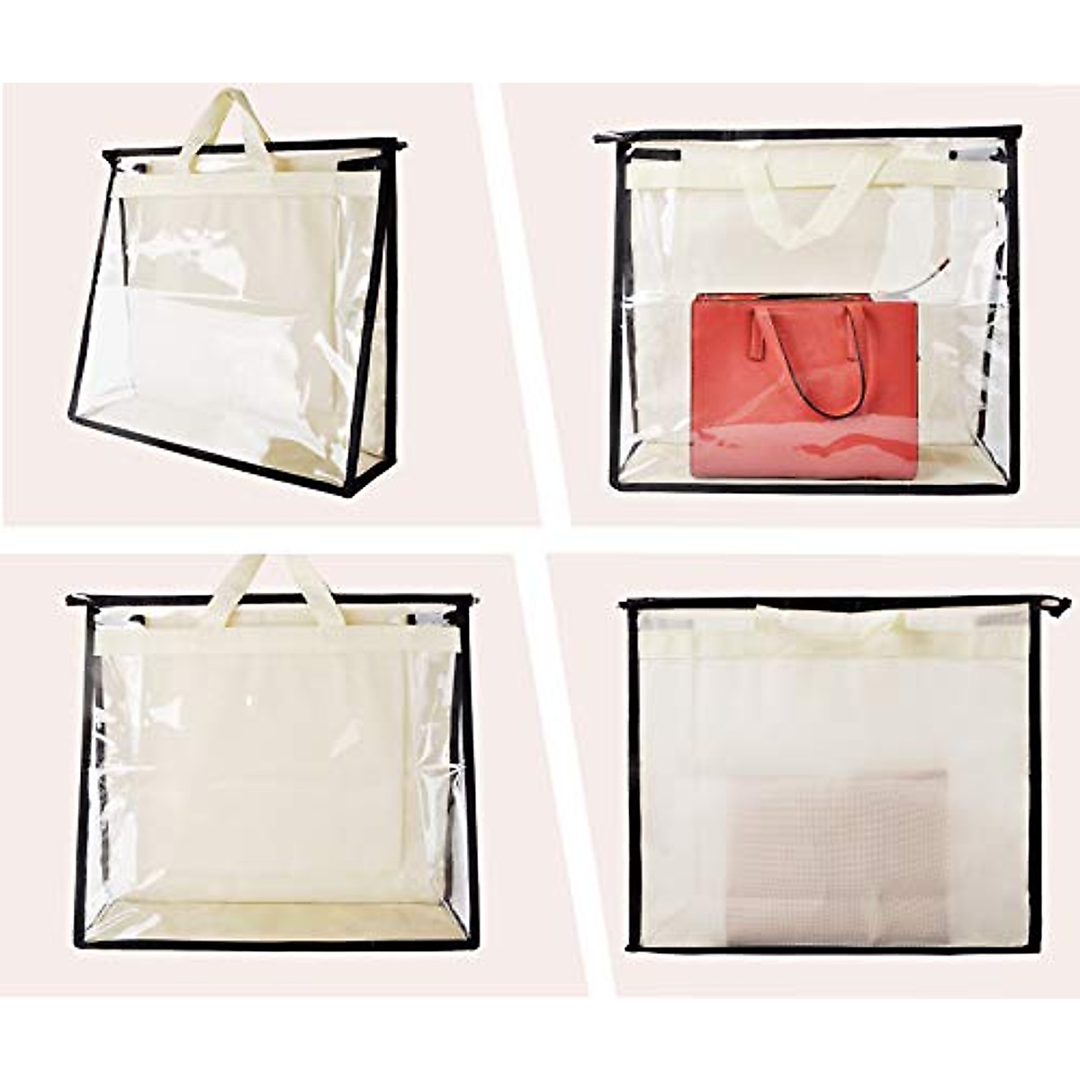 Vercord Clear PVC Handbag Dust-Free Cover Moistureproof Purse Storage Bag Organizer with Handle Zipper Space-Save Holder for Closet Beige XXL