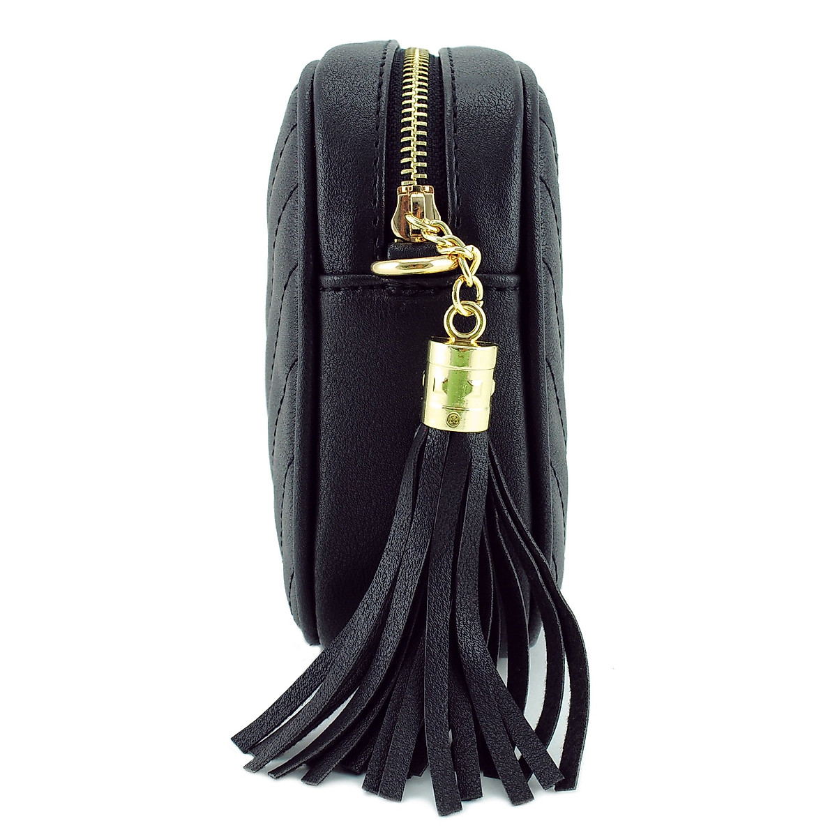 Simple Shoulder Bag Crosbody with Metal Chain Strap and Tassel Top Zipper (Black)
