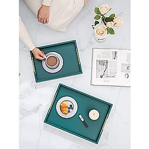 Kanwone Decorative Tray , 13.6"x9.8" Serving Tray, Rectangle Ottoman Tray with Gold Polished Metal Handles, Coffee Table Trays for Living Room Kitchen and Home Decor, Green