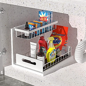 KINGPOUL Under Sink Organizers-2-Tier Heavy Duty Metal Slide Out Pull Out Drawers L-Shape Under Cabinet Storage Around Plumbing, for Under Kitchen Bathroom Sink Organizers and Storage(White)