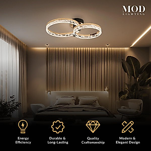 𝗠𝗢𝗗 𝗟𝗜𝗚𝗛𝗧𝗜𝗡𝗚 Clara | Modern Flush Mount Ceiling Light Fixture, 2 Rings LED Ceiling Light for Kitchen, Bedroom & Hallway, Close to Ceiling Lights (Gold & Pearl Black | 14"x22" | Warm White)