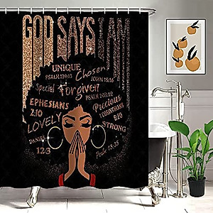 4PCS Praying Black Girl Bathroom Sets with Shower Curtain and Rugs Toilet Lid Cover and Bath Mat, Inspirational Quotes Afrcian Shower Curtain Set with Hooks, Waterproof Bathroom Decor Shower Curtains