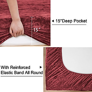 PHF Truly Velvet Fitted Sheet Only Twin Size, Christmas Luxury Super Soft Cozy Comfy Fleece Bottom with 15" Deep Pocket, Suitable for Fall Winter and Spring, No Pillowcases, Wine Red