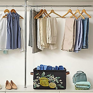 ALAZA Decorative Basket Rectangular Storage Bin, Flowers and Lemon Black Organizer Basket with Leather Handles for Home Office