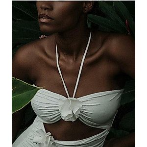 KMBANGI Floral Sexy Tank Top Women Y2k Ruffles Frill Halter Crop Tops Sleeveless Off Shoulder Backless Flower Tube Top (Hollow Floral White,S)