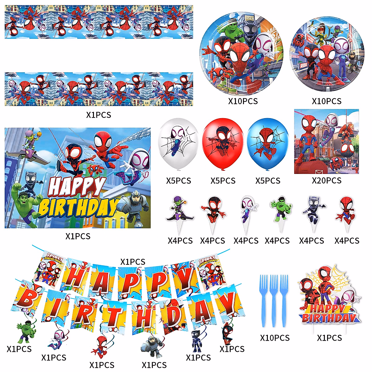 Spidey and His Amazing Friends Birthday Party Supplies, Superhero Birthday Party Decorations Theme, Include Happy Birthday Banner, Hanging Swirl, Backdrop, Tablecloth, Birthday Party For Kids