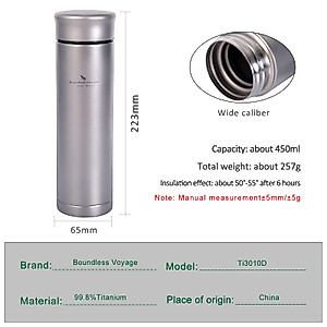 Boundless Voyage Titanium Double Walled Vacuum Cup Sports Water Bottle with Filter Tea Coffee Wine Whisky Thermal Insulation Cup for Hiking Camping Picnic Ti3010D 450ML
