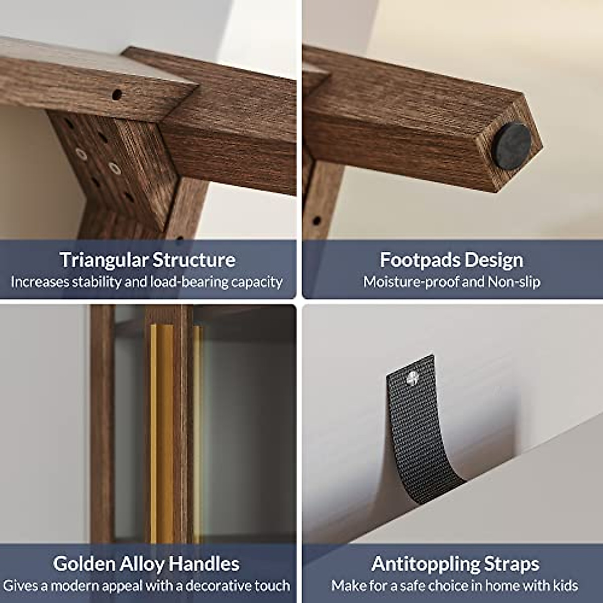 BELLEZE Sideboard Buffet Cabinet, Modern Curio Cabinet 3-Tiers Console Table for Kitchen Glass Display Cabinet Storage/Pantry Cabinet Coffee Bar for Living Room Bedroom Entryway, Brown