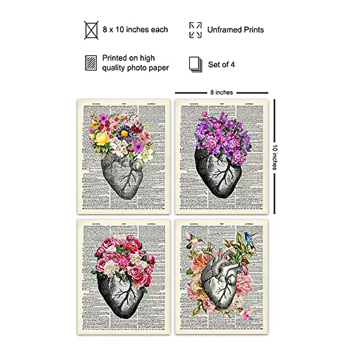 Heart Anatomy Wall Art Decor Set - Vintage Rustic Shabby Chic Floral Home Decorations for Cardiac, Coronary, Cardiology Patients, Medical Office - Gift for Doctor, Nurse Cardiologist - 8x10's UNFRAMED