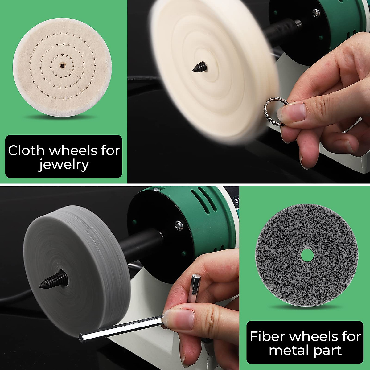 Flyrivergo Jewelry Polisher, Bench Buffer, Adjustable Variable Speed Polishing & Buffing Machine, with 2 Cotton Wheels and 2 Abrasive Fiber Wheels for Jewelry, Wood, Silver, Dental, Metal, Jade 110V