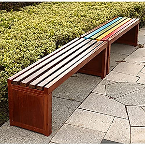 Outdoor Garden Bench Patio Seating, Wooden Backless Porch Bench Metal Steel Frame Park Chair, Lawn Path Slatted Seats Yard Decor Deck Furniture Loveseat, School Playground Club Commercial Bench
