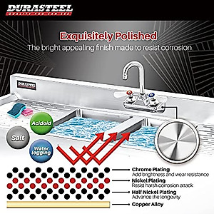 Kitchen Sink No Lead Faucet - DuraSteel 4" Center Wall Mounted Commercial Kitchen Sink Faucet with 3-1/2" Gooseneck Spout - NSF Certified - Dual Lever Handles - Brass Constructed & Chrome Polished