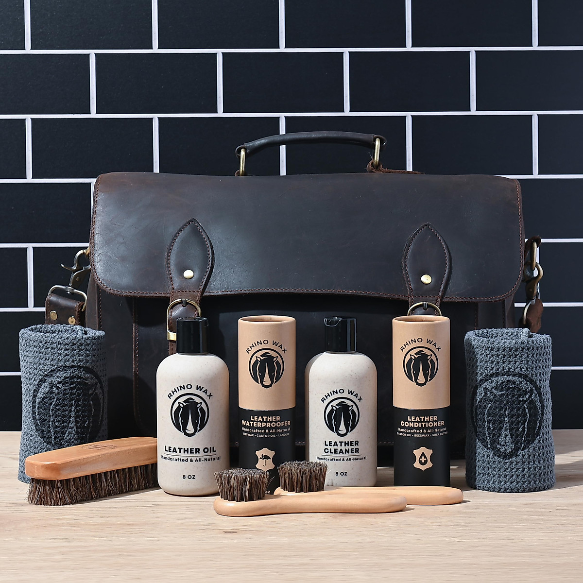 Rhino Wax - Complete Leather Cleaning and Conditioning Kit (Oil + Conditioner + Cleaner + Waterproofing Wax + Brushes + Cloths) - Cleans, Revitalizes and Protects Leathers - Proudly Made in The USA