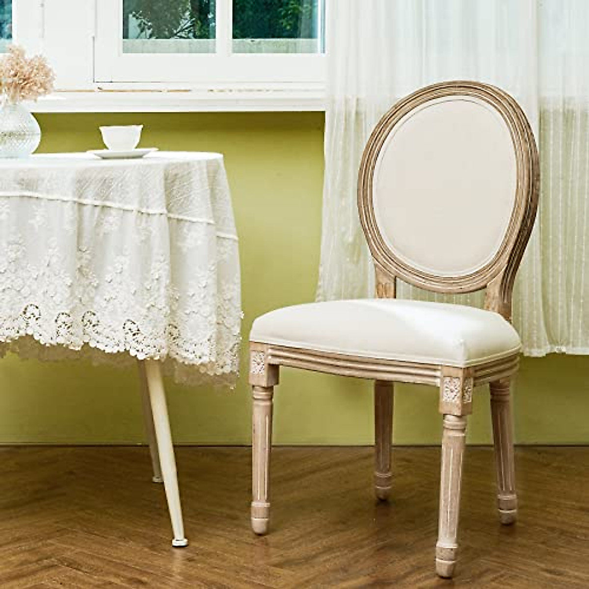 VONLUCE Vintage French Accent Chairs Set of 2, Upholstered Fabric Farmhouse Dining Chairs for Living Room Bedroom Kitchen, 2pc Vanity Chairs with Round Backs and Rubberwood Legs