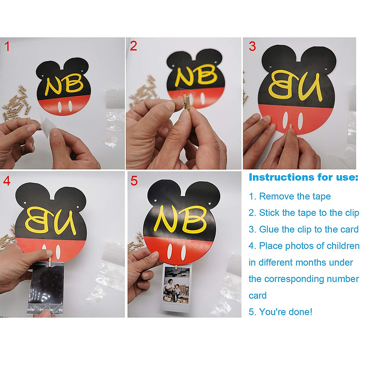 CHuangQi Mickey Themed Birthday Party Photo Banner & “ONE” High Chair Banner, NB to 12 Month Photo Banner, 1st Birthday Supplies, Baby Shower Decoration