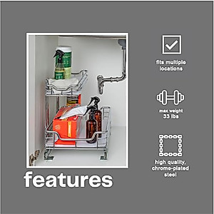 Household Essentials Glidez Chrome-Plated Steel Pull-Out/Slide-Out Storage Organizer with Plastic Liners for Under Sink or Cabinet Use - 2-Tier Design - Fits Standard Size Cabinet or Shelf, Chrome