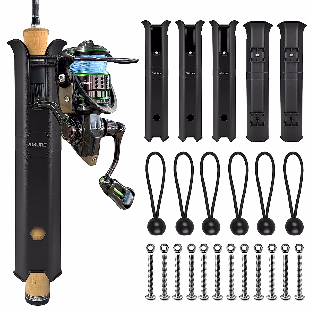 AMURS 6Pcs Fishing Rod Holders,Wall Mounted Rod Holder Boat Rod Holders with 6inch Ball Bungee Cords and Screws