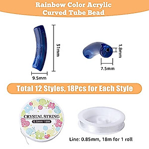DICOSMETIC 216Pcs 12 Colors Acrylic Imitation Gemstone Bead Curved Long Spacer Connector Curved Chunky Bracelet Bead with 18m Elastic Thread Tube Bangle Bracelets for Women Jewelry DIY Making
