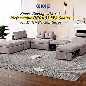 OHOHOLIVE Sleeper Sofa Bed 4-in-1 Convertible Couch, Linen Fabric Love seat Couch with 2 Throw Pillow, Single Recliner for Small Space with 5 Adjustable Angles Backrest