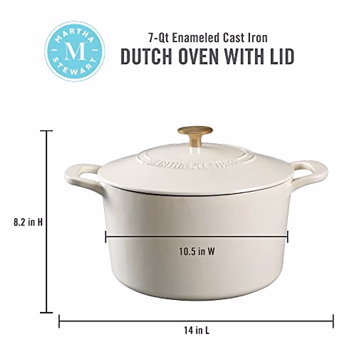 MARTHA STEWART Gatwick 7 QT Enamel Cast Iron Dutch Oven, Linen w/Gold Knob