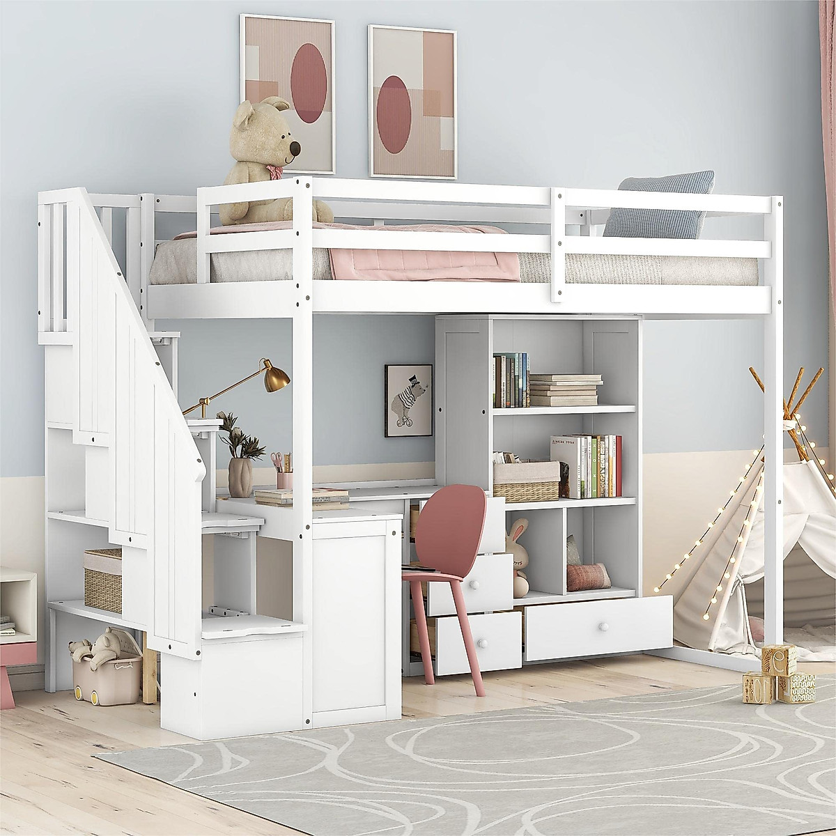 Harper & Bright Designs Twin Loft Bed with Stairs and L-Shaped Desk, Solid Wood Loft Bed Frame with Bookcase and Storage Drawers, for Kids Teens Adults (Twin Size, White)