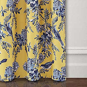 Lush Decor, Yellow and Blue Farmhouse Bird and Flower Insulated Grommet Blackout Window Curtain Panel Pair, 95'' x 38', 95 in x 38