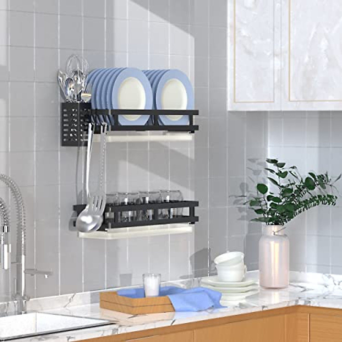 Virgorack Dish Rack, Wall Mounted Stainless Steel Dish Drying Rack, Kitchen Storage with Dish Drainer and Hanging Chopsticks Holder (2 Tier)