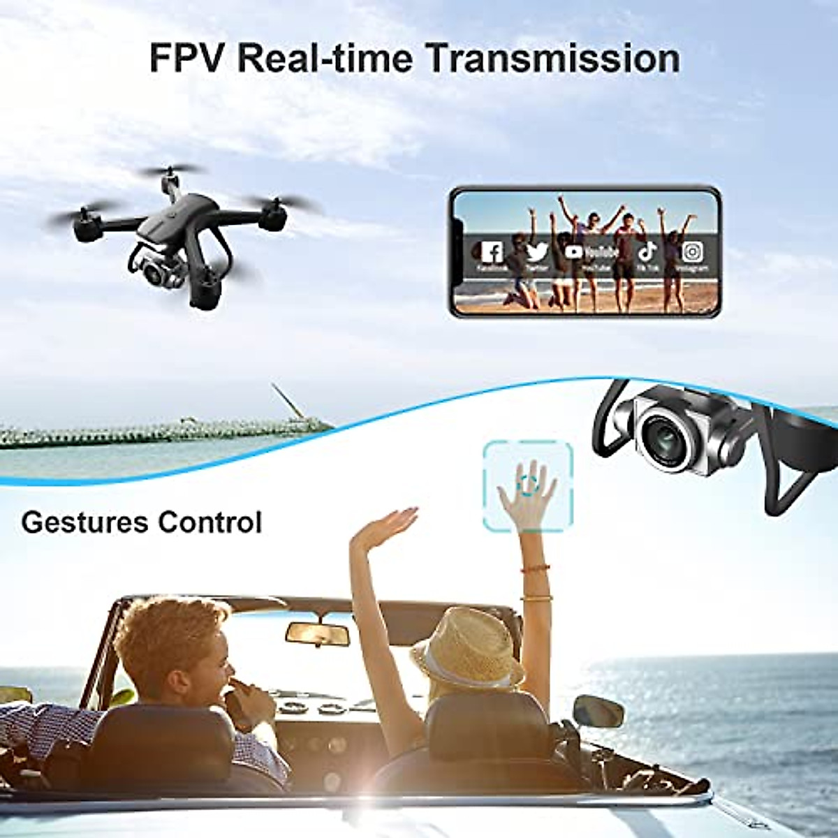 DRONEEYE 4DV14 Drone with Camera for Adults 1080P,FPV HD Live Video RC Quadcopter for Kids Beginners Toys,Altitude Hold,Gravity Sensor,Trajectory Flight,3D Flip,Gesture Control, Voice Control,2 Batterys