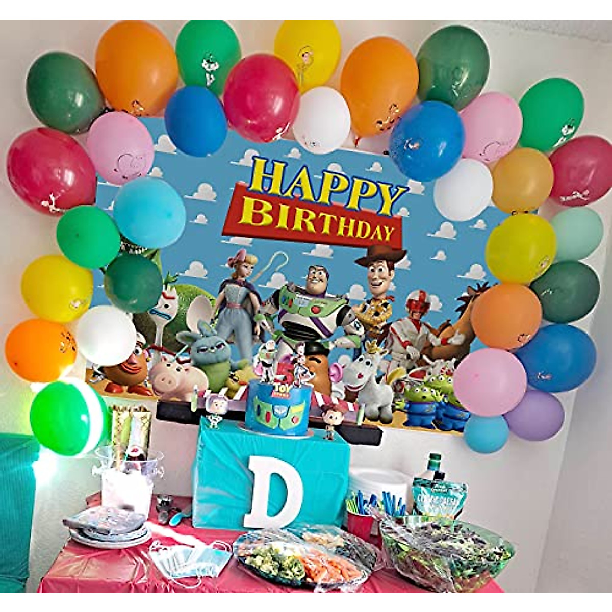 WRQ GCH 7x5ft Cartoon Toy Backdrop Blue Sky White Clouds Happy Birthday Party Decoration Toy Baby Shower Backdrop Cake Table Decoration