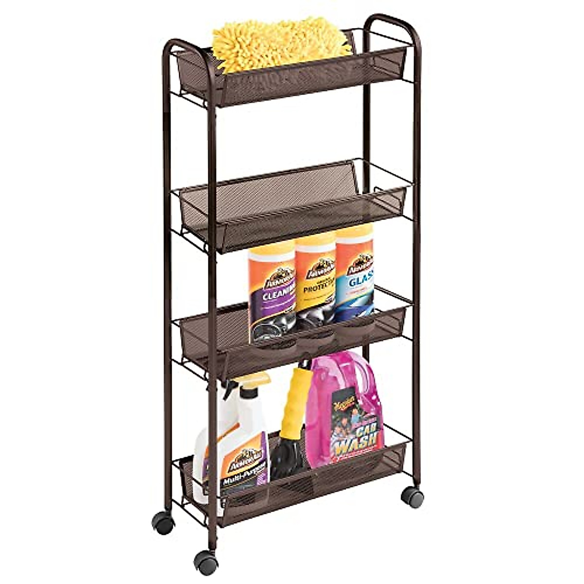 mDesign Slim Steel Metal Rolling Utility Cart Storage Organizer Trolley with 4 Basket Shelves for Laundry Room, Kitchen, Bathroom Organization - Narrow Holder for Detergent - Biro Collection, Bronze
