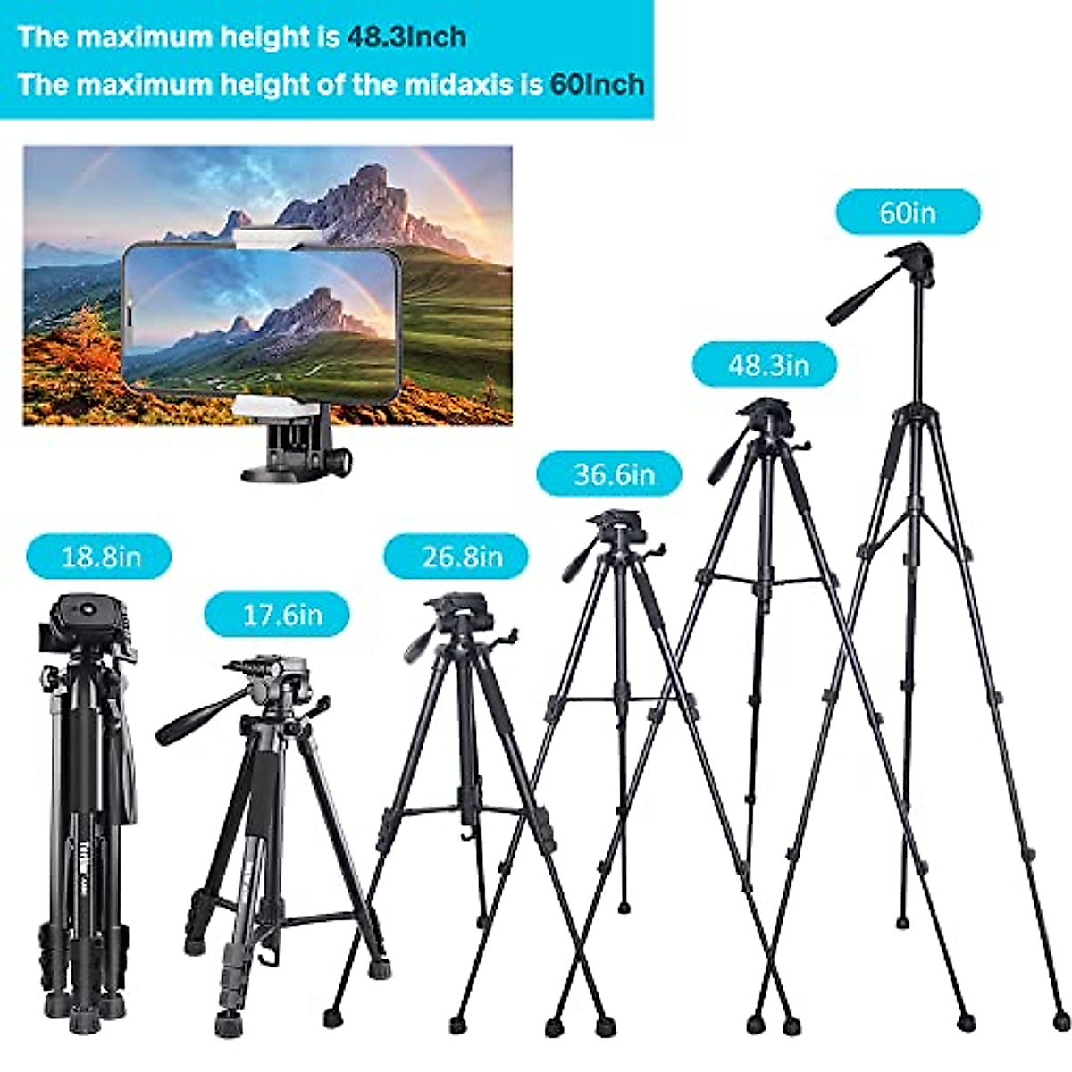 Torjim 60” Camera Tripod with Carry Bag, Lightweight Travel Aluminum Professional Tripod Stand (5kg/11lb Load) with Wireless Remote for DSLR SLR Cameras Compatible with Phone-Black