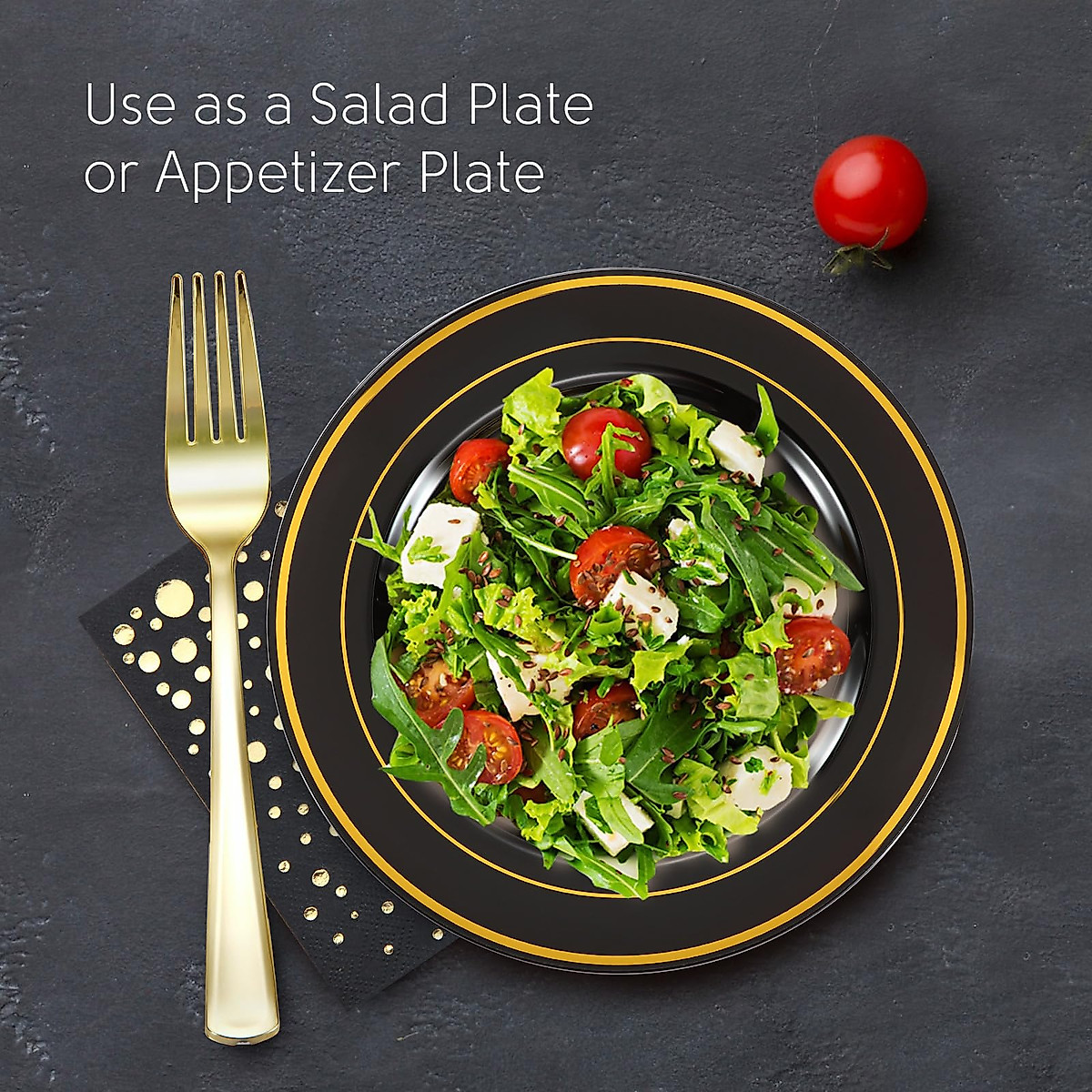 Stylish 7.5 Inch Gold and Black Cake Plates with Disposable Forks and Cocktail Napkins (100 Set of Each) - Small Appetizer Plates, Disposable Cake Plates or Salad Plate - Black Plastic Dessert Plates