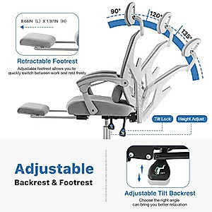 Ergonomic High Back Office Chair with Lumbar Pillow and Retractable Footrest, Mesh Office Chair with Padded Armrests and Adjustable Headrest, Swivel Rolling Chair, Height Adjustable