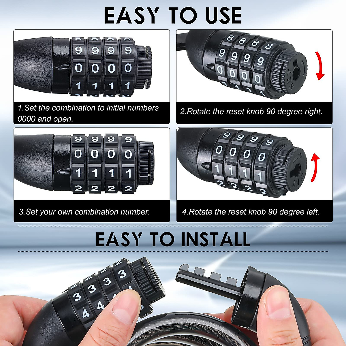 8 Pcs Bicycle Cable Locks High Security 4 Digit Bike Lock Cable with Mounting Bracket 4 Feet Resettable Coiling Bike Rack Lock Heavy Duty Anti Theft Cable Locks with Combination, 1/2 Inch Diameter