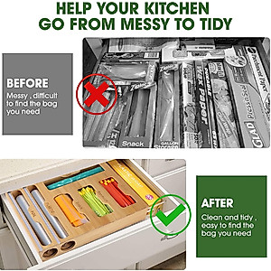 memrable [6 in 1] Ziplock Bag Storage Organizer, Aluminum Foil and Plastic Wrap Dispenser with Cutters, For Sandwich, Snack, Gallon, and Quart | Bamboo Kitchen Organizer